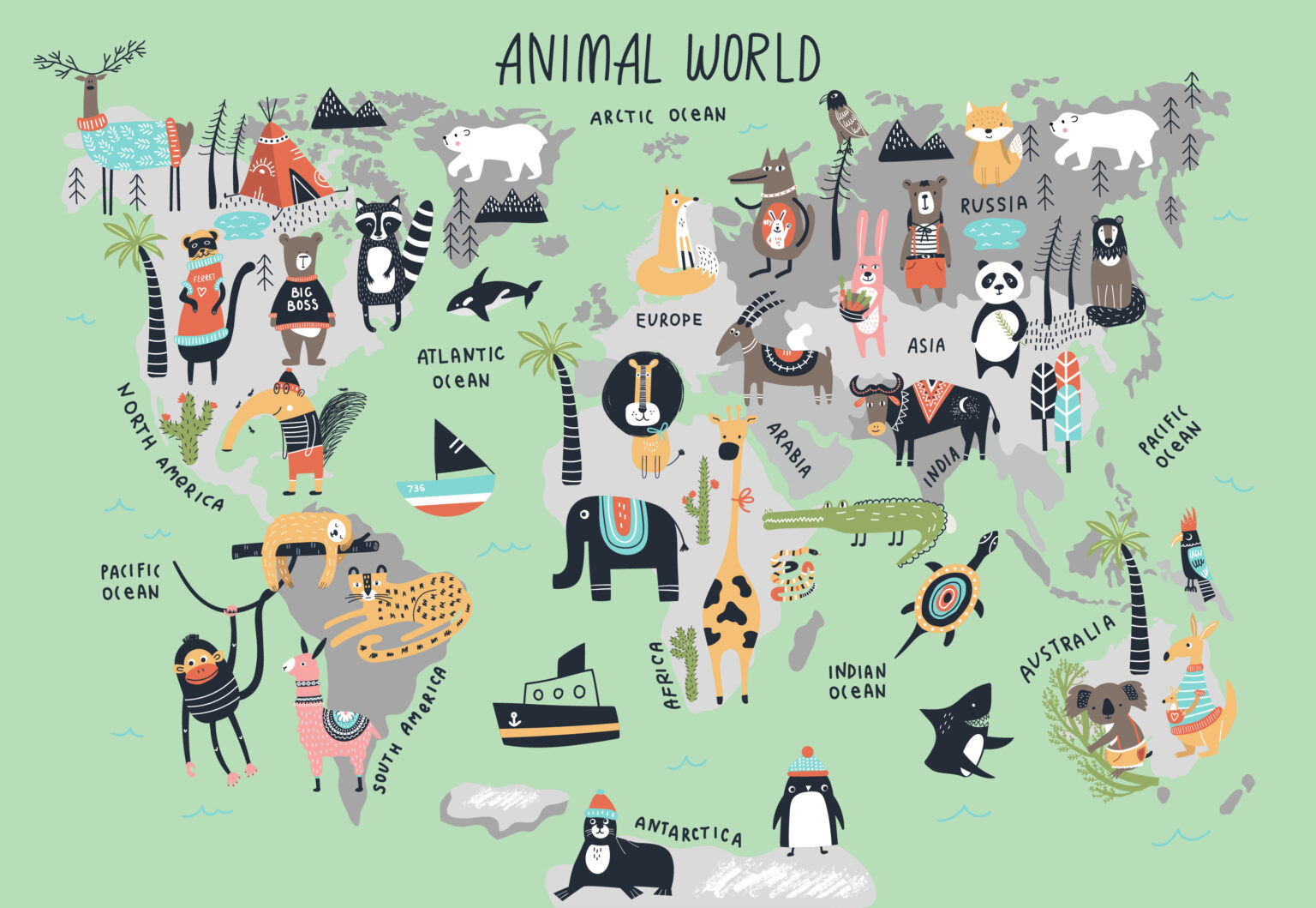 Animal Map Wallpaper Mural - Kids Map Wallpapers Wall Murals